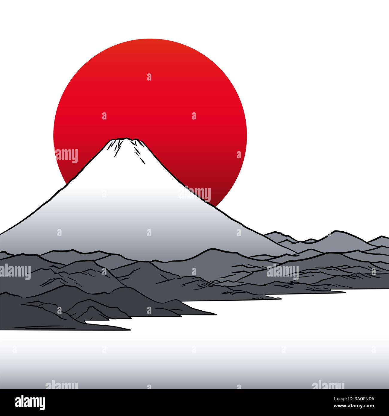 Mount Fuji and red rising sun, illustration of an idyllic landscape ...