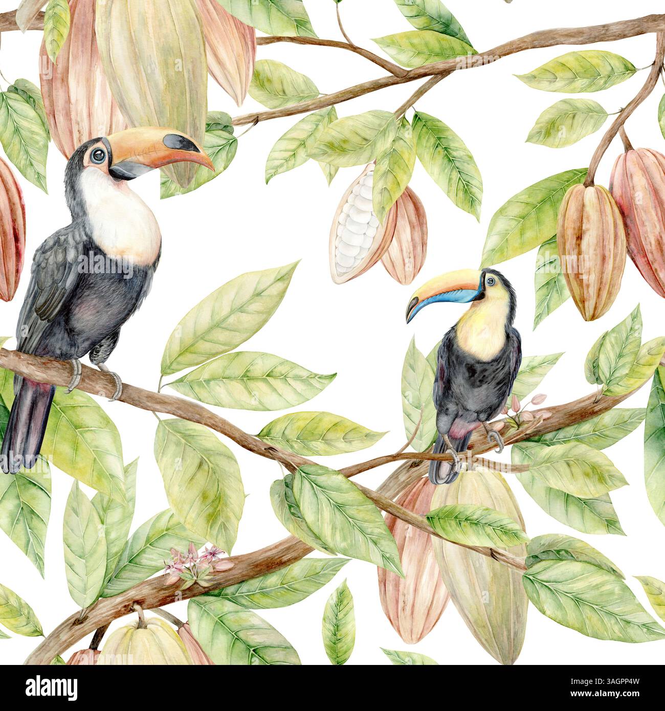 Toucan bird on a branch with leaves. Seamless pattern Chocolate tree ...