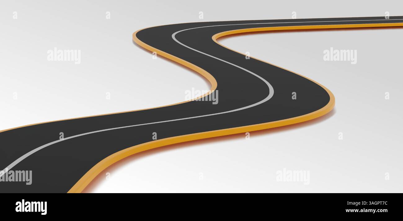 3D curved highway path with black asphalt surface, yellow roadside ...