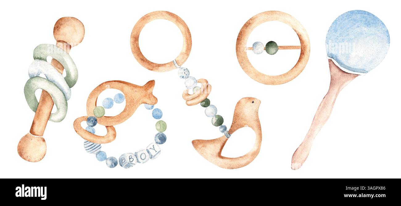 Set of Wooden Eco Baby Boy Rattles and Teethers. Watercolor hand drawn ...