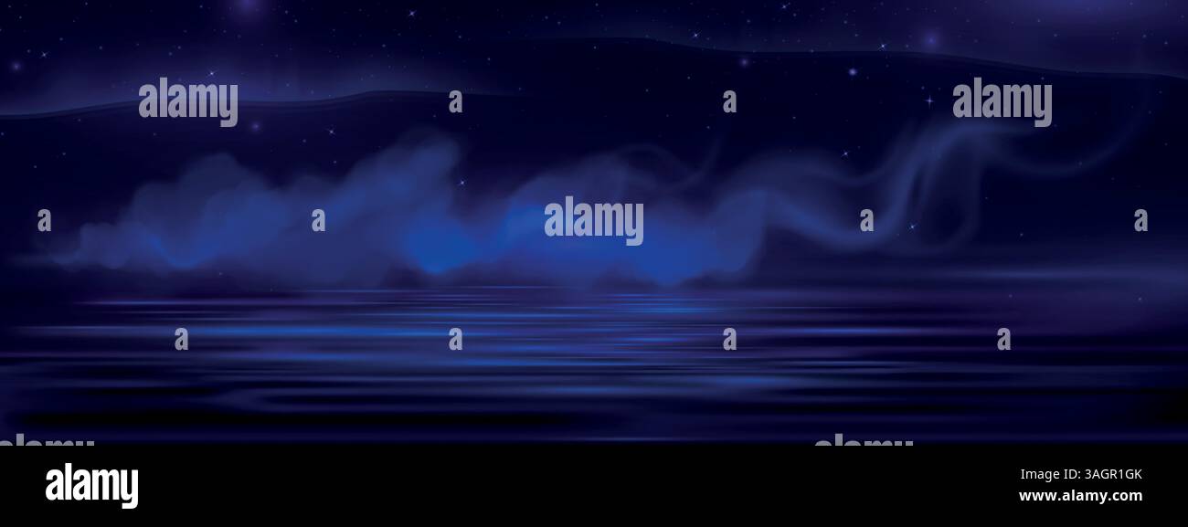 Starry night sky and mist above water surface. Vector realistic ...