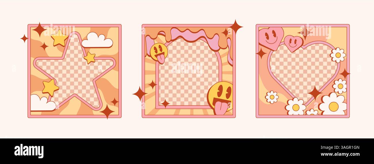 Retro 70s style groovy frames set with psychedelic elements - funky ...