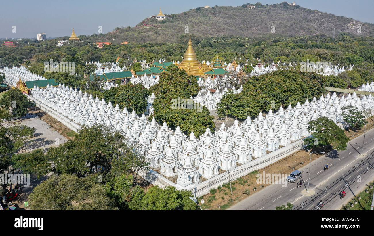 Mandalay, Myanmar: Aerial scenic view Kuthodaw Pagoda, 729 Tripitaka ...