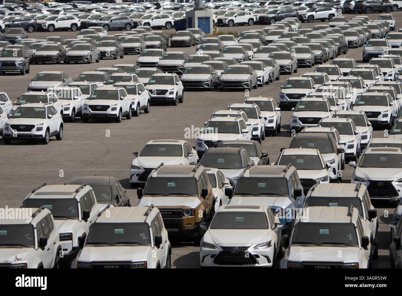 New cars sit in Haifa's port, Israel, Wednesday, April 9, 2025. (AP ...