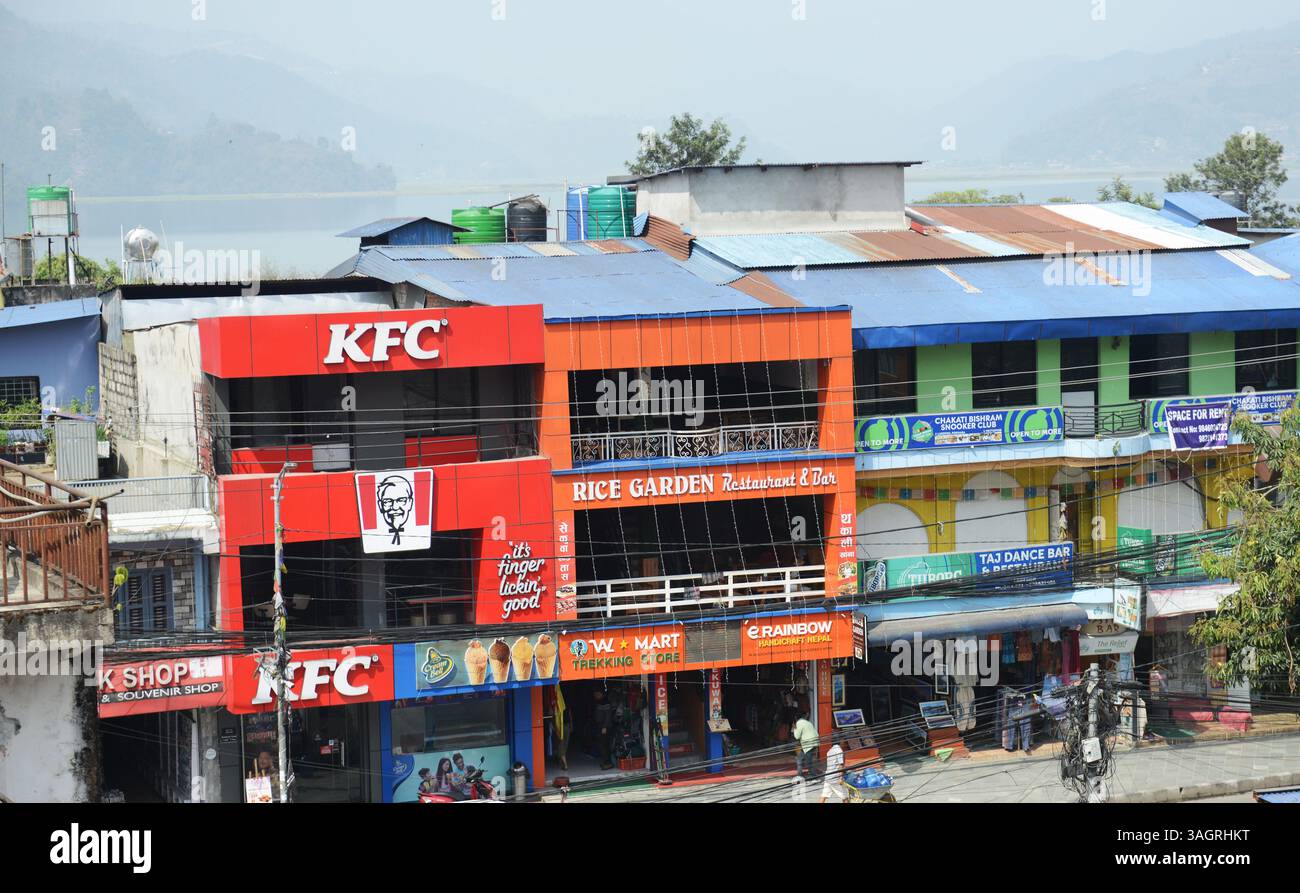 KFC and Rice Garden restaurants on Lakeside Road in Pokhara, Nepal ...