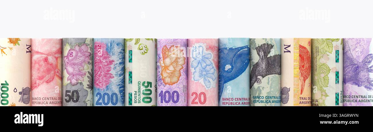 Rolled Argentine Pesos Banknotes in Various Denominations, Argentina ...