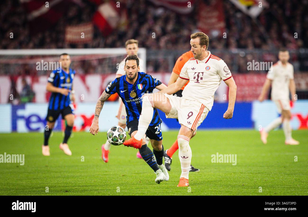 Munich, Germany. 08th Apr 2025. Harry Kane (FCB) Hakan Calhanoglu (Inter) Bayern Munich - Inter ...
