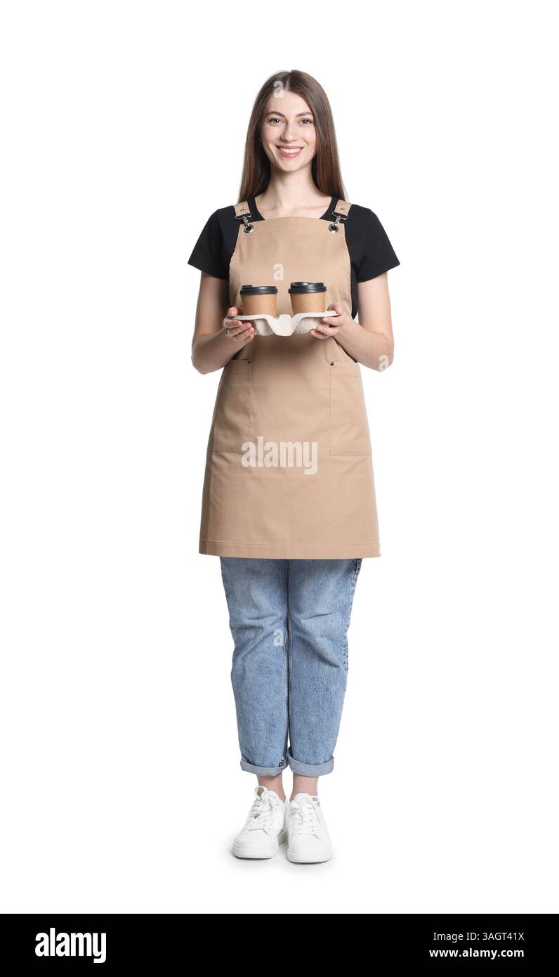 Smiling barista with paper takeaway cups of hot drink on white ...