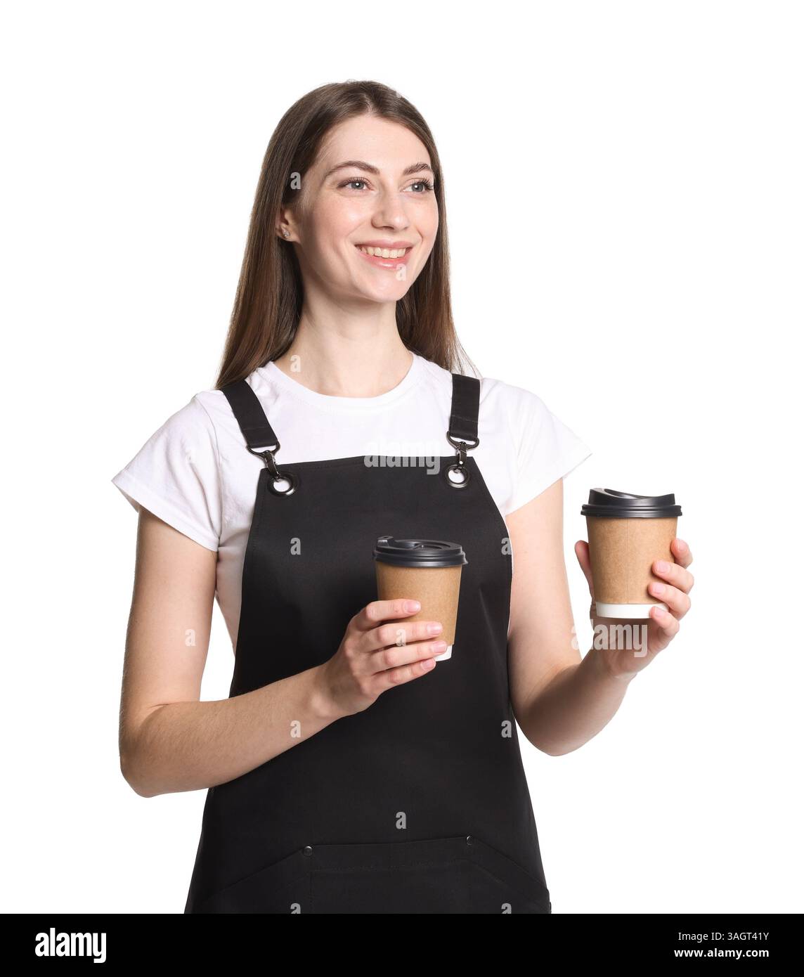 Smiling barista with paper takeaway cups of hot drink on white ...
