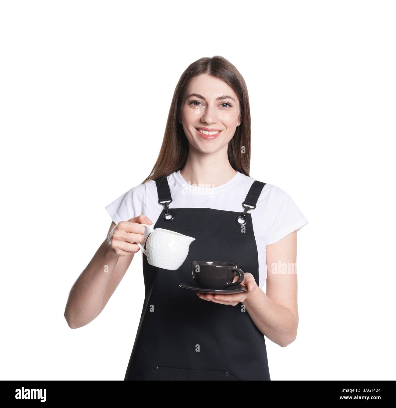 Portrait of smiling barista making coffee on white background Stock ...