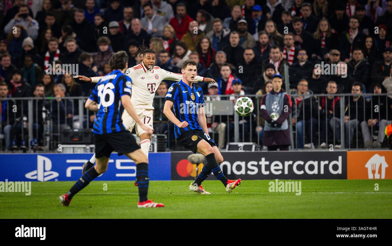 Munich, Germany. 08th Apr 2025. Michael Olise (FCB) Benjamin Pavard (Inter) Bayern Munich ...