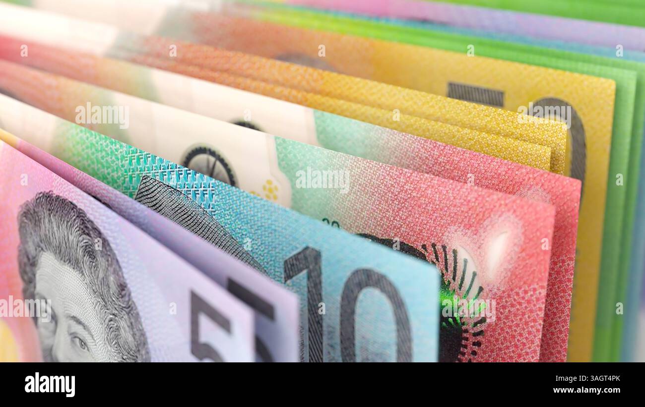 Close-up view of Australian dollar banknotes in different denominations ...
