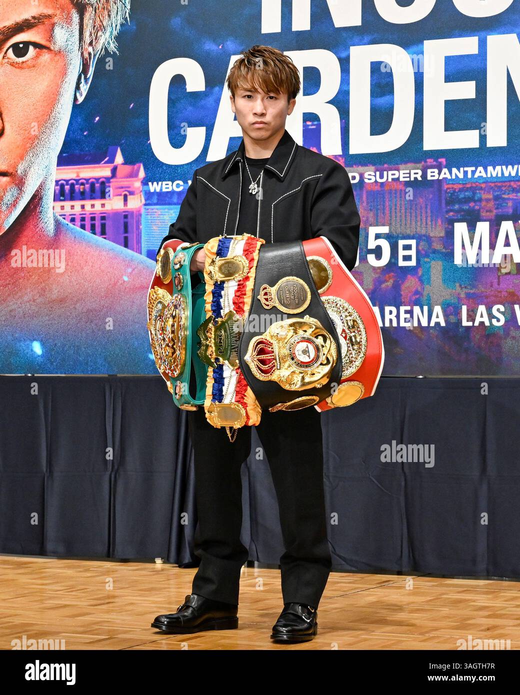 Naoya Inoue, world super bantamweight boxing champion of Japan poses during a press conference ...