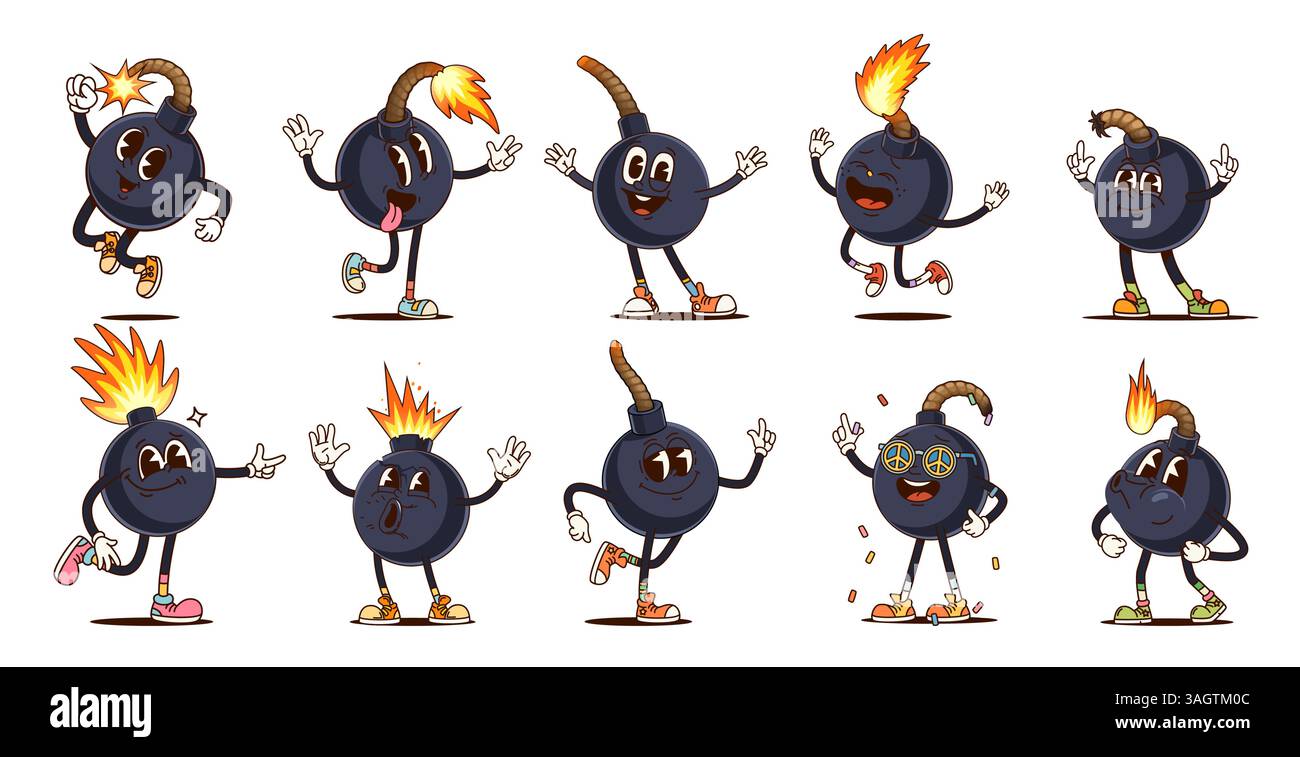 Groovy bomb characters in retro cartoon comic art, vector funky and ...