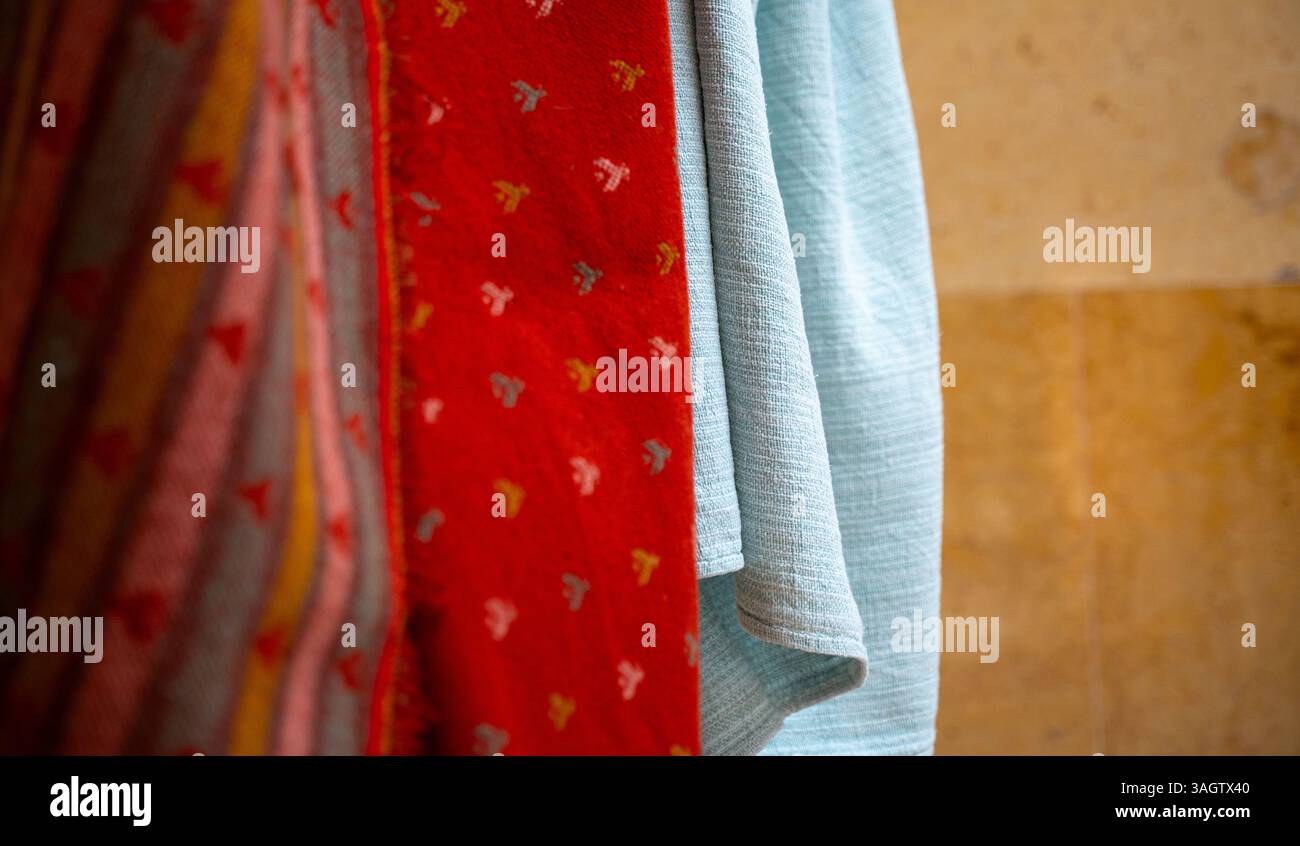 Munich, Germany. 09th Apr, 2025. Original Bauhaus fabrics hang on a ...