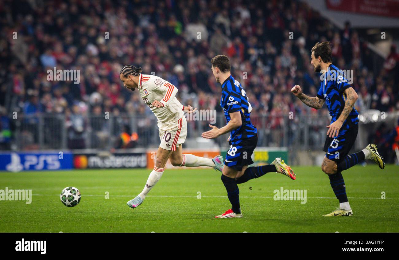 Munich, Germany. 08th Apr 2025. Leroy Sane (FCB) Benjamin Pavard (Inter) Francesco Acerbi (Inter ...