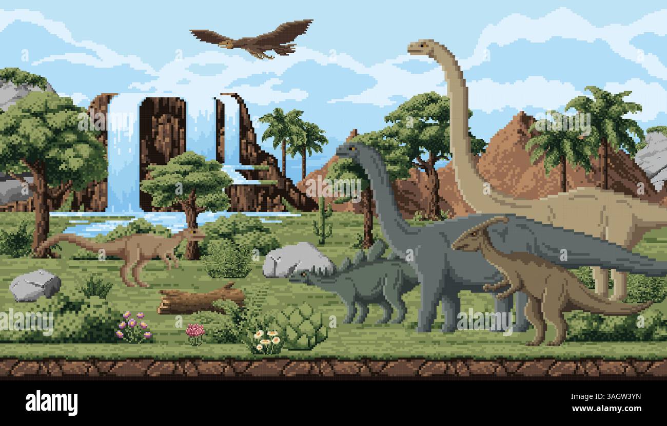 Prehistoric dinosaurs, 8bit pixel art game landscape with Jurassic ...