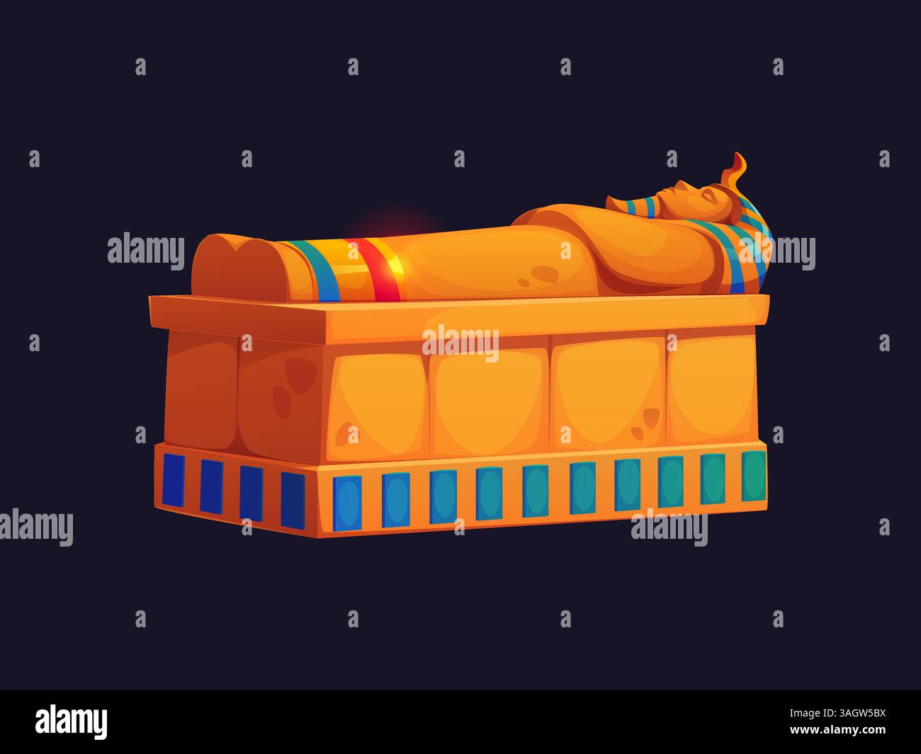 Egyptian sarcophagus featuring a golden pharaoh resting on hieroglyphic ...