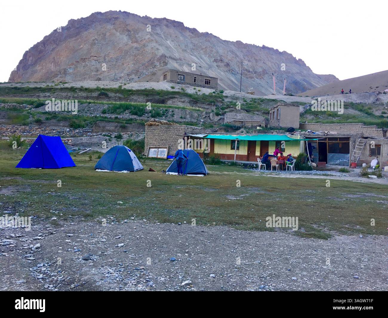 Camping setup with tents placed in a lush green valley of Leh Ladakh ...