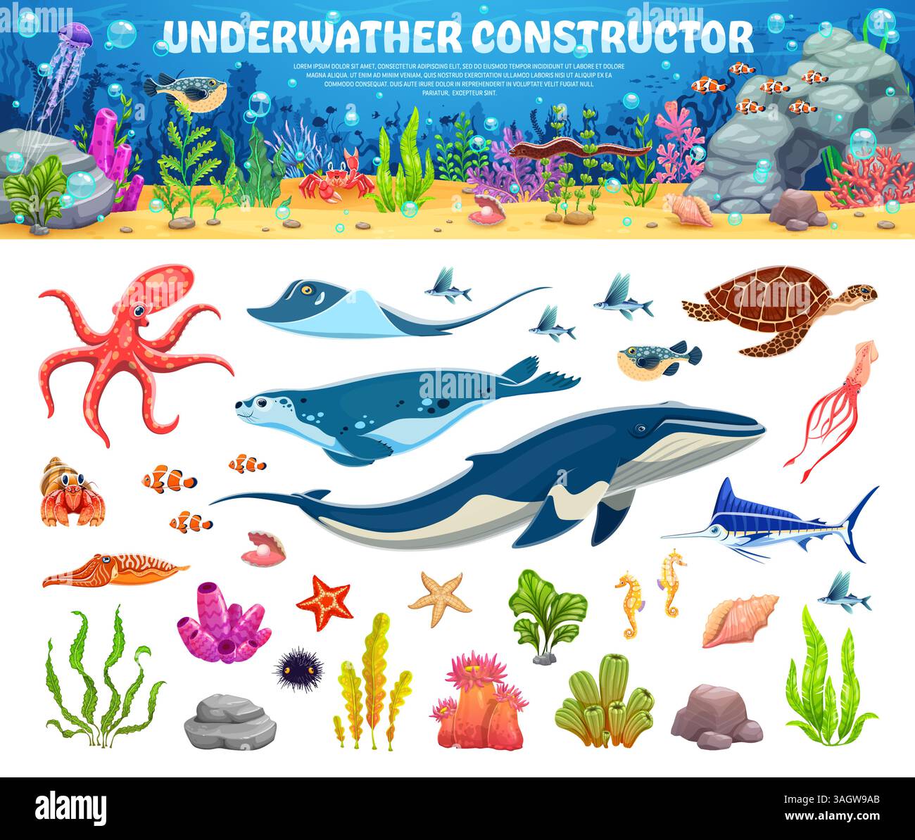 Cartoon underwater sea landscape constructor with fishes and ocean ...