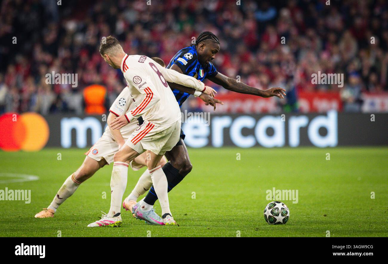 Munich, Germany. 08th Apr 2025. Marcus Thuram (Inter) Leon Goretzka ...