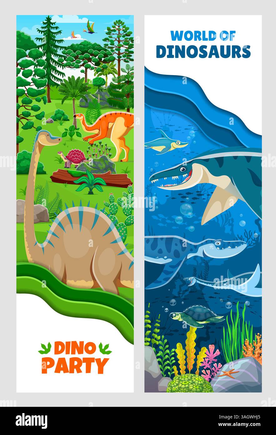 Paper cut banners with funny prehistoric dinosaurs. Paleontology land ...