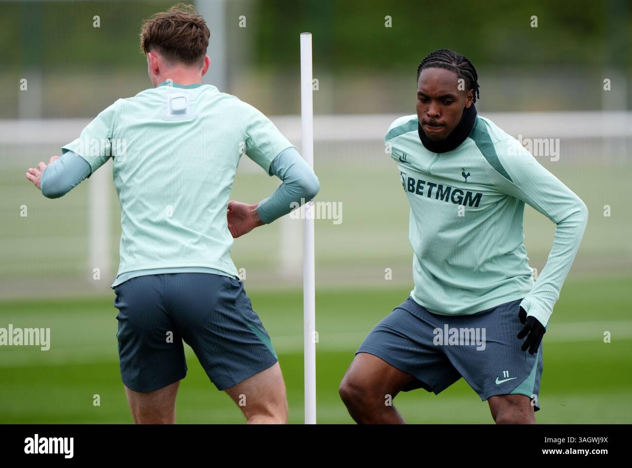 Tottenham Hotspur's Mathys Tel (right) during a training session at the ...