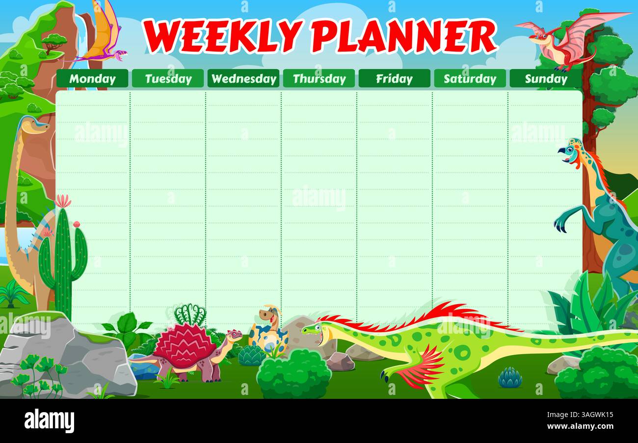 Weekly planner schedule with prehistoric dinosaur characters, vector ...