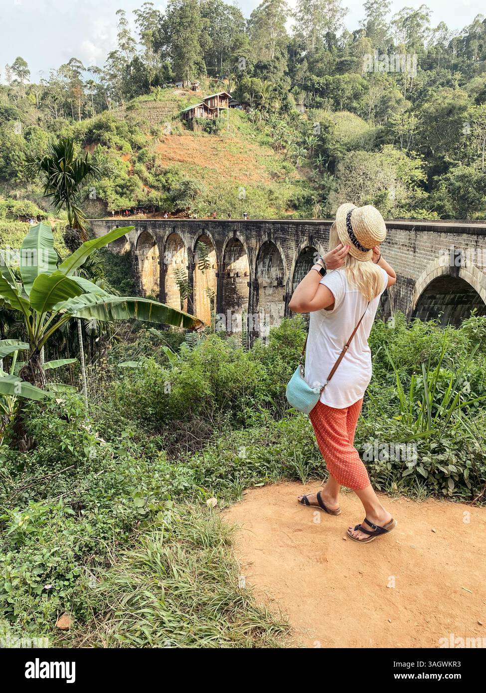 Woman enjoying view of the Nine Arch Bridge, in Demodara, Sri Lanka ...
