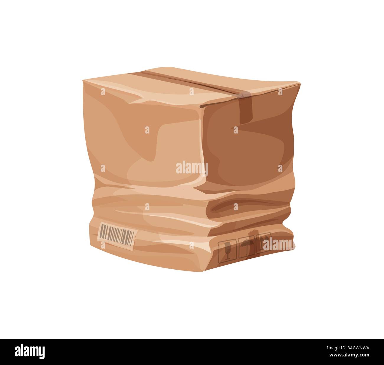 Deformed broken damaged crumpled cardboard box package, crushed or ...