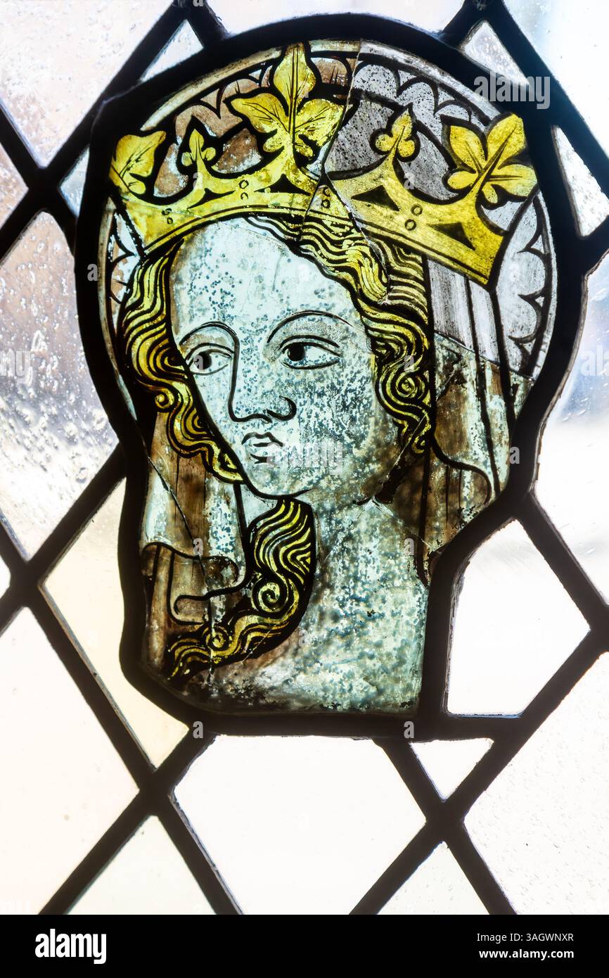 Stained glass window depiction of medieval woman face, Bristol ...