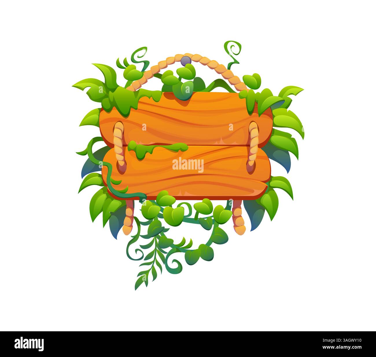 Wooden sign board with tropical jungle liana and leaves. Cartoon vector ...