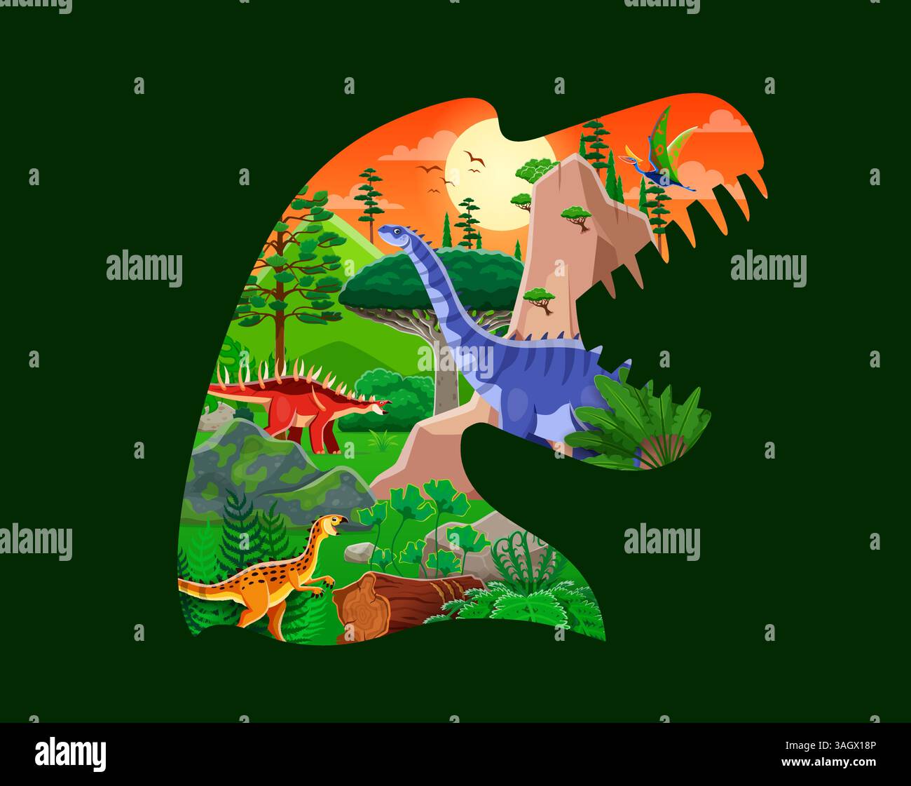 Dinosaur silhouette with prehistoric landscape and Jurassic era lizards ...
