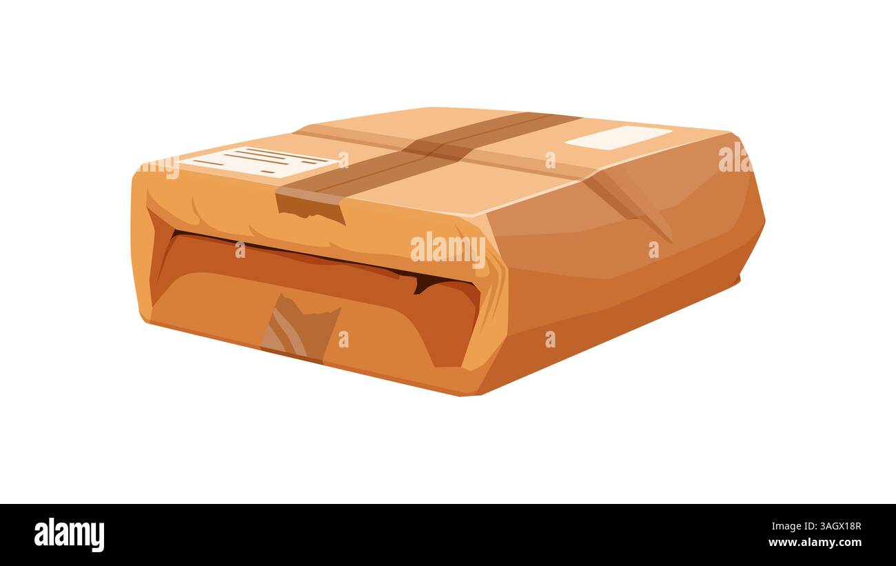 Damaged and dirty cargo cardboard box cartoon. Destroyed crushed paper package, ripped crumpled ...