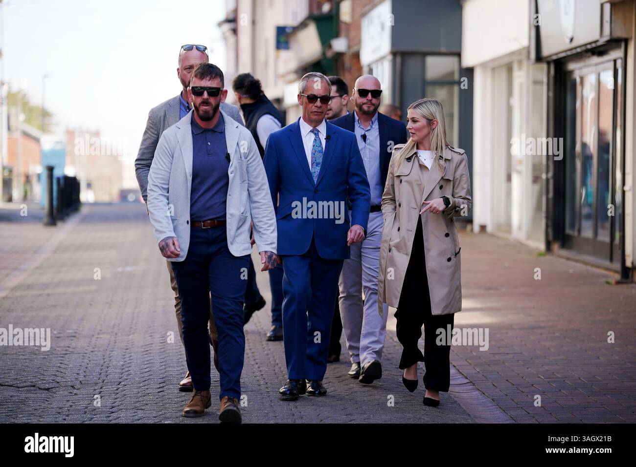 Reform UK leader Nigel Farage during a walkabout in Ormskirk ...