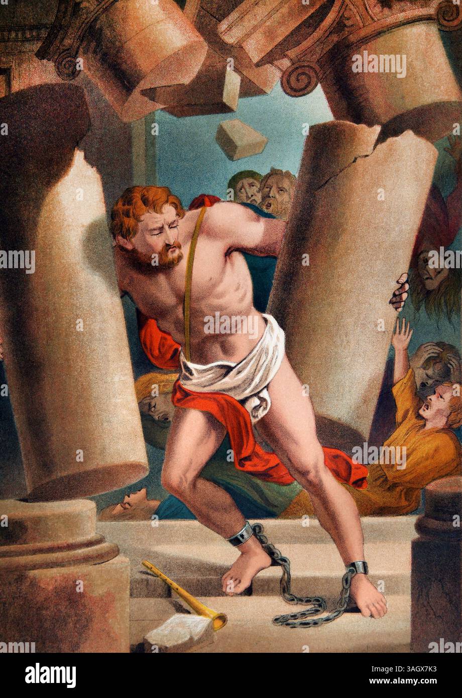 Illustration of the Suicide Of Samson by Grasping the Two Pillars of ...