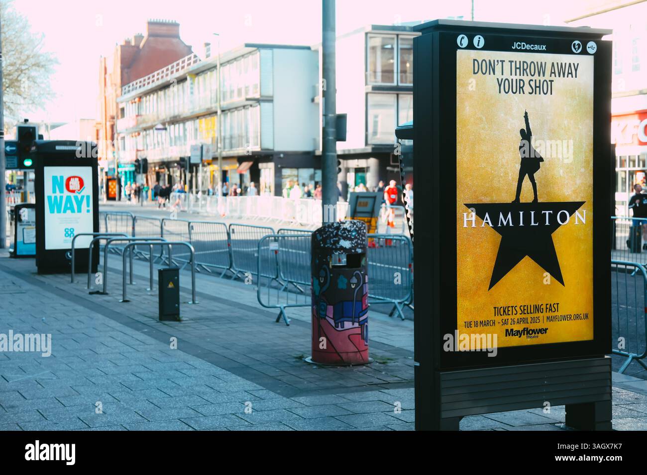 Advertising panel advert for Hamilton the musical at Mayflower theatre ...