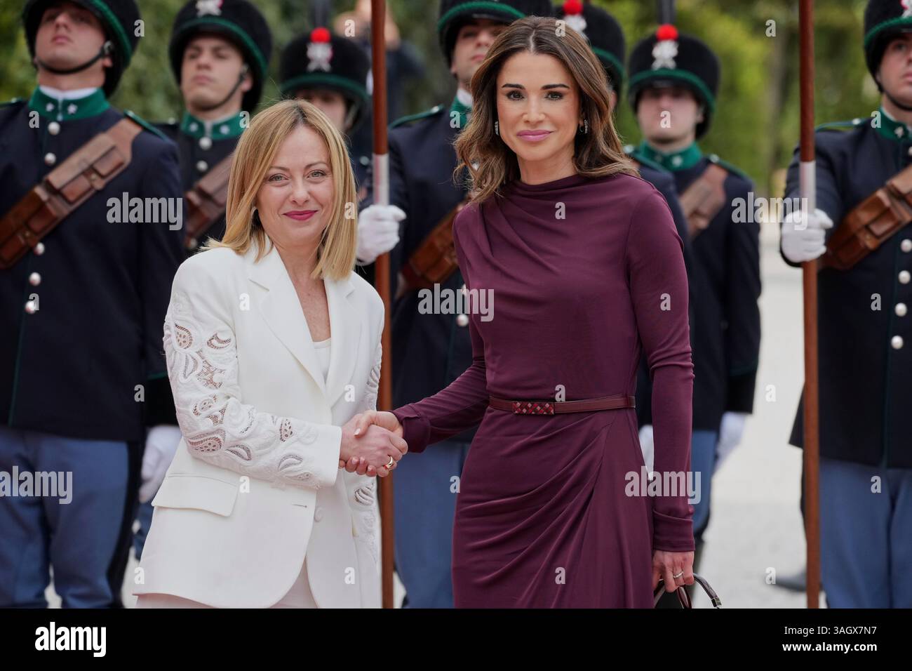 Queen Rania of Jordan, right, meets with Italian Prime Minister Giorgia Meloni at villa Doria ...