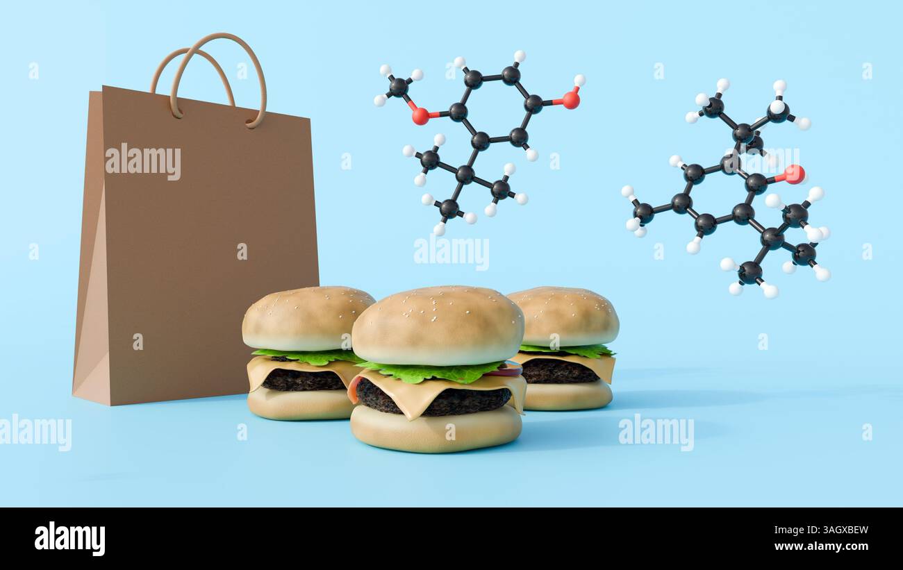 A 3d rendering of hamburger with molecular structures, molecules ...