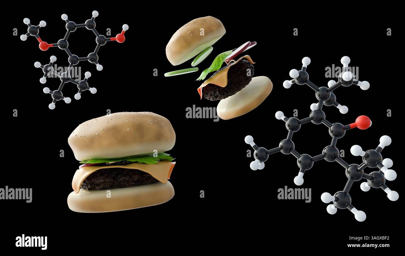 A 3d rendering of hamburger with molecular structures, molecules ...