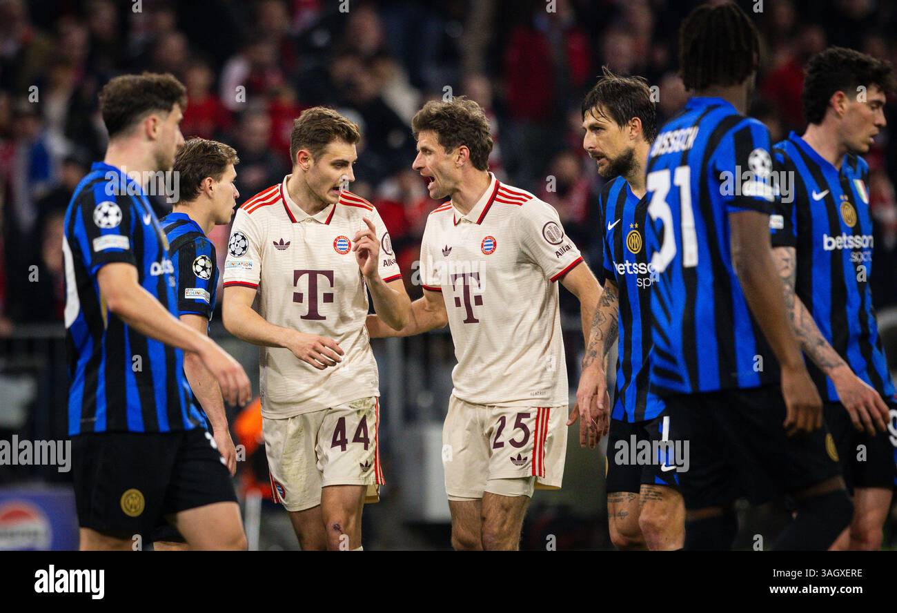 Munich, Germany. 08th Apr 2025. Josip Stanisic (FCB) Thomas Müller (FCB ...