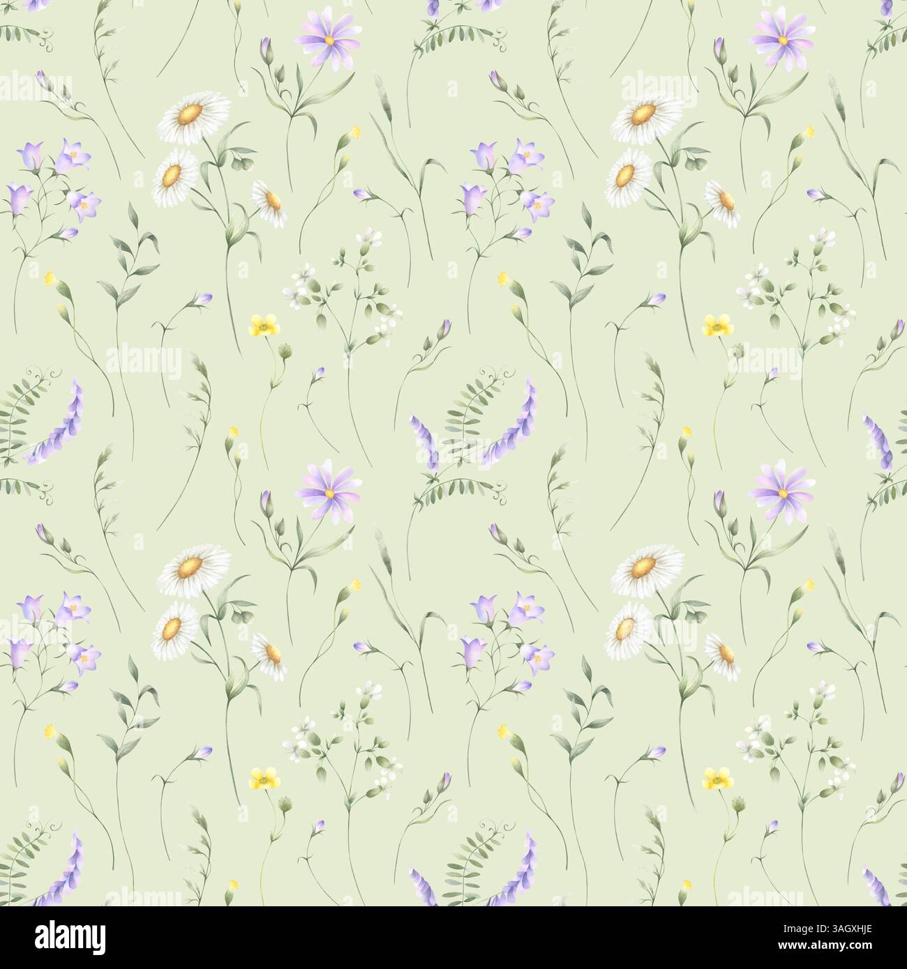 Seamless floral pattern of watercolor wildflowers chamomile, bellflower ...