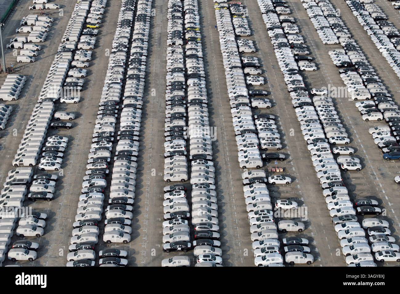 An aerial view of new Volvo cars waiting for shipment on a Yangtze port ...