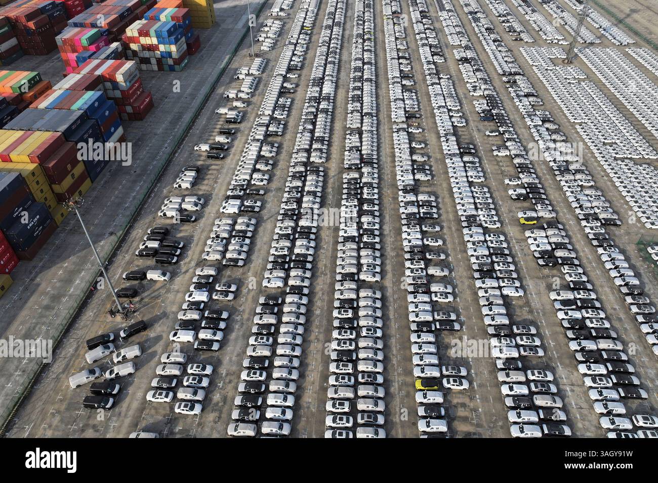 An aerial view of new Volvo cars waiting for shipment on a Yangtze port ...