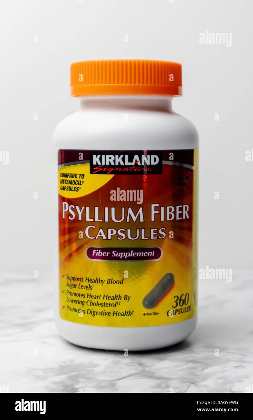 A bottle of Kirkland Signature Psyllium Fiber Capsules Stock Photo - Alamy