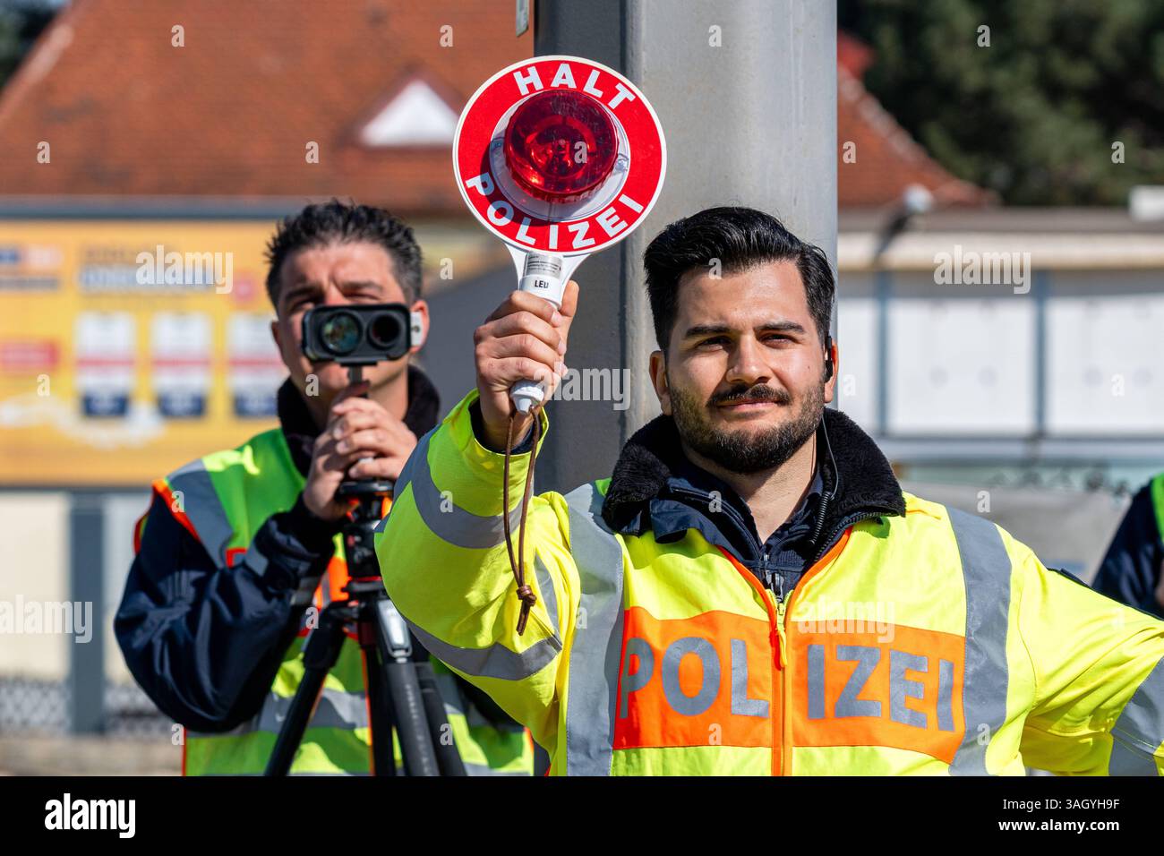 Augsburg, Bavaria, Germany - April 9, 2025: Police officers from the ...