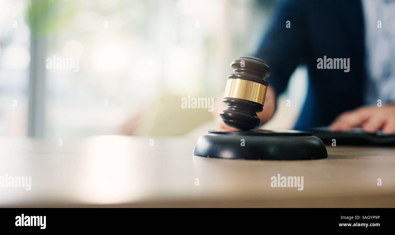 Hands, man and judge with hammer in courtroom for attention, maintain ...