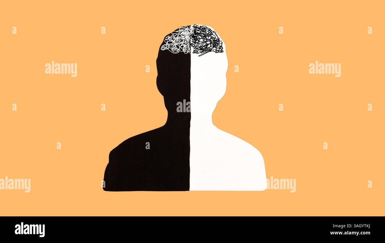 Human silhouette divided into white and black parts symbolizing ...