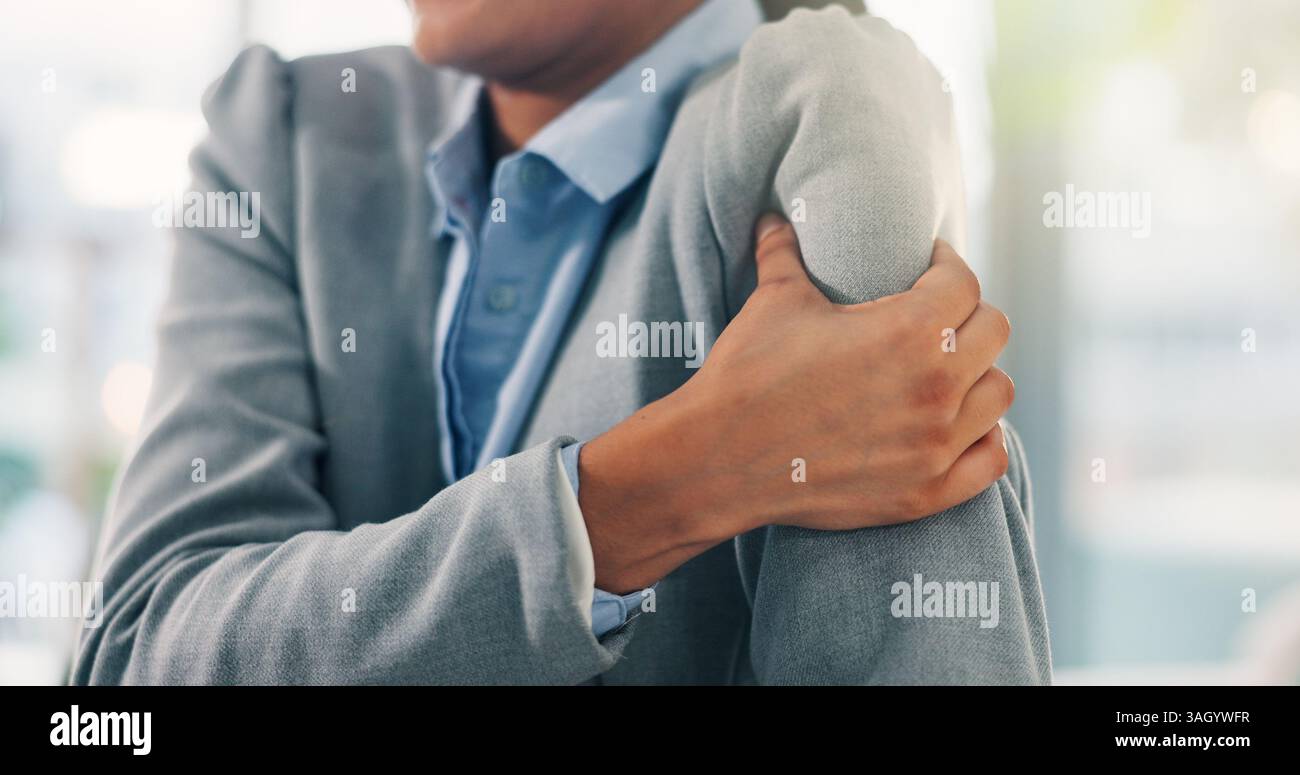 Hands, business and person with arm pain in office for shoulder ...