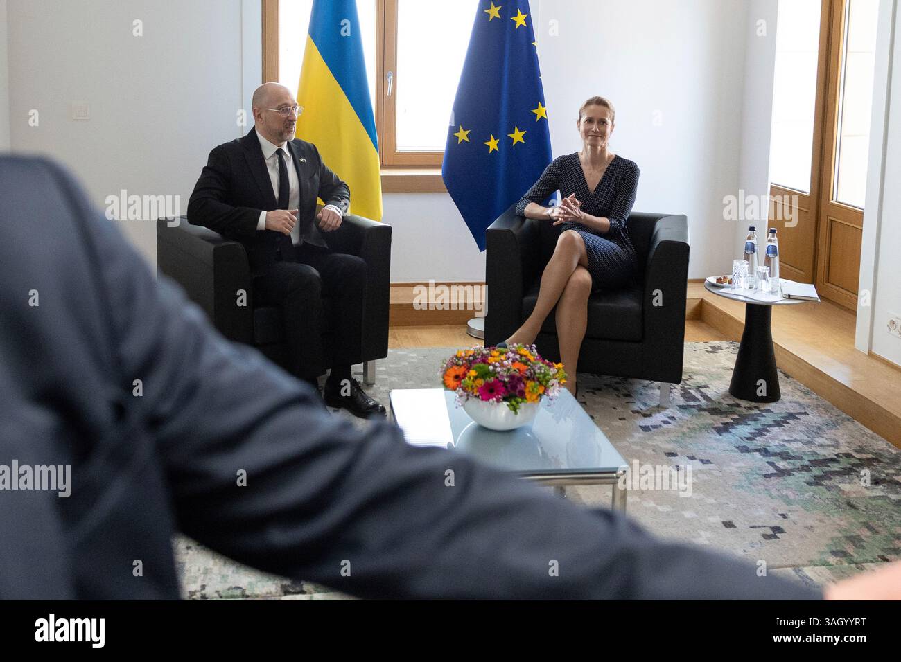 European Union foreign policy chief Kaja Kallas, right, speaks with ...
